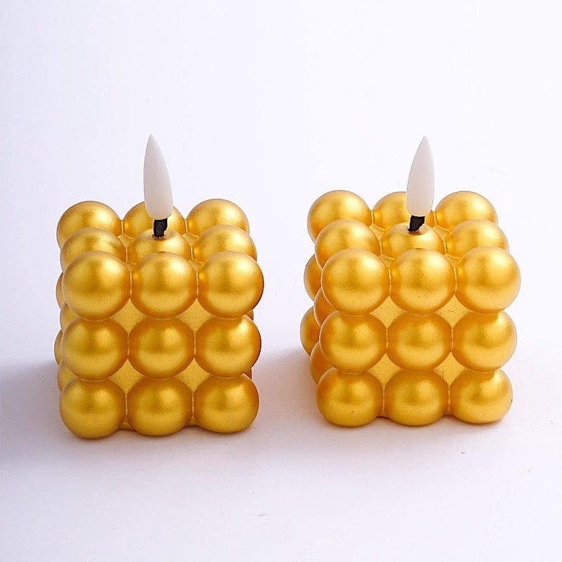 2 Metallic 2" Bubble Cube Flameless LED Candles Centerpieces - Gold ...