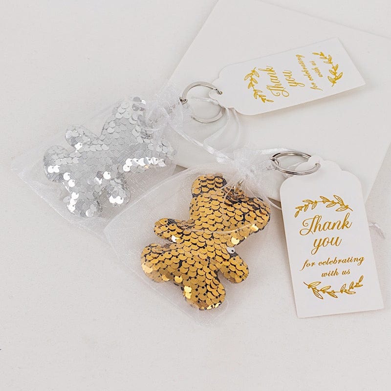 20 Sequin 3" Teddy Bear Keychains Organza Bags and Thank You Tags - Go ...