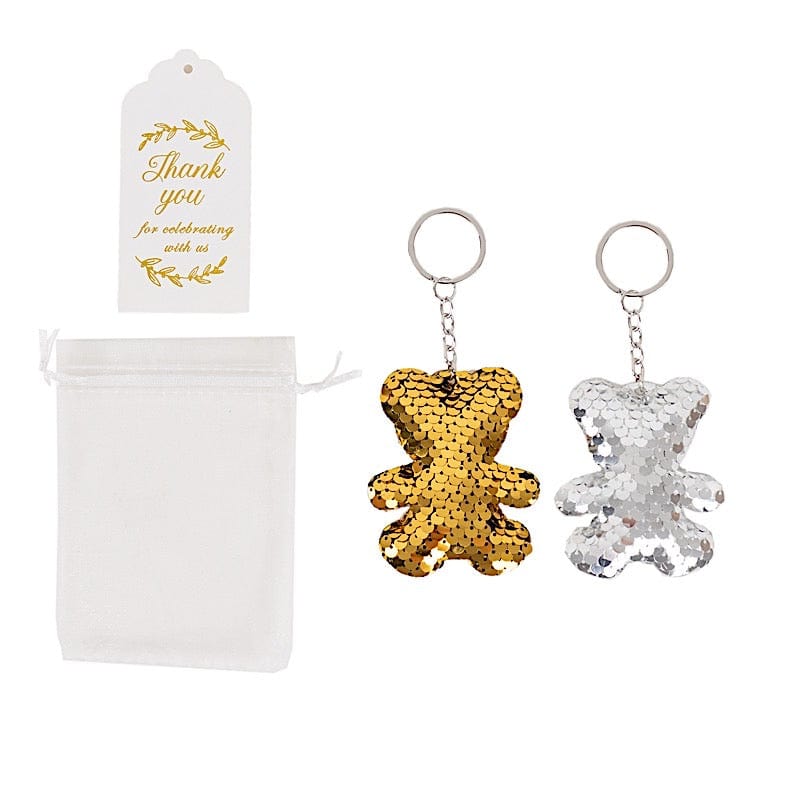 20 Sequin 3" Teddy Bear Keychains Organza Bags and Thank You Tags - Go ...
